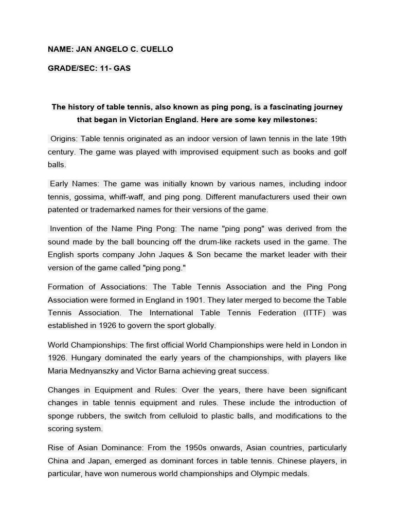 History of Table Tennis: Key Milestones | PDF
