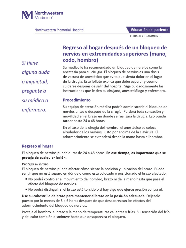 Northwestern Medicine Going Home After Upper Extremity Nerve Block ...