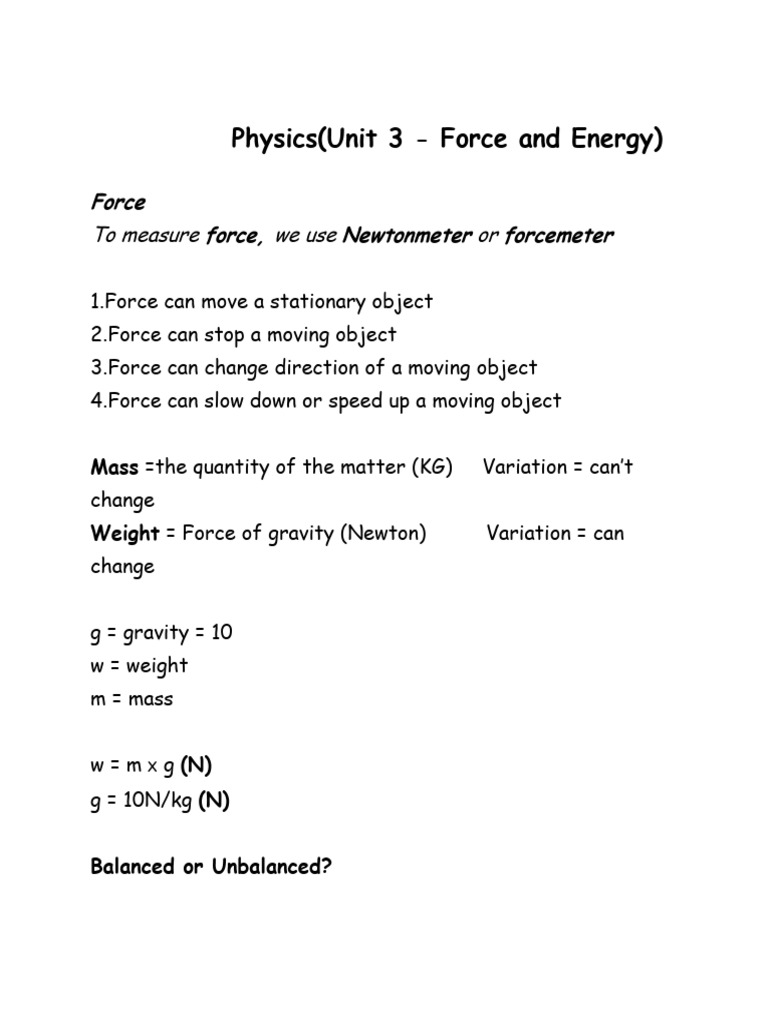 Physics(Unit 3 - Force and Energy) | PDF | Force | Weight