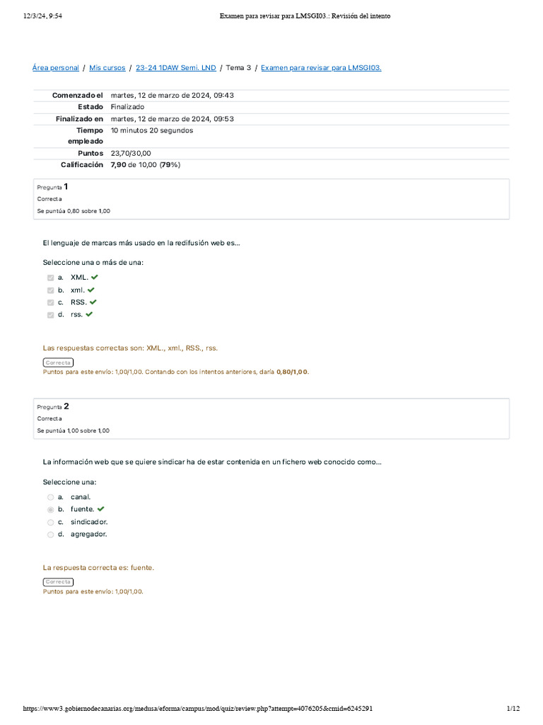Examen para Revisar para LMSGI03. - Revisión Del Intento | PDF | Xml | HTML