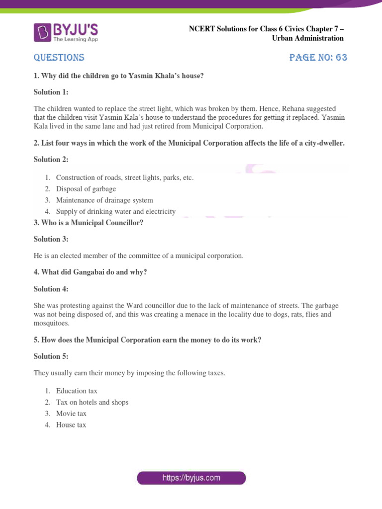NCERT Solutions For Class 6 Civics Chapter 7 Urban Administration Compressed | PDF | Economies