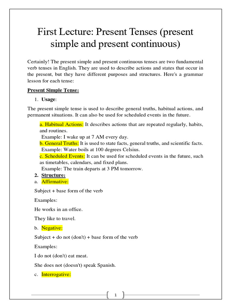 First Lecture L2 GRAMMAR Present Tenses | PDF | Grammatical Tense | Verb