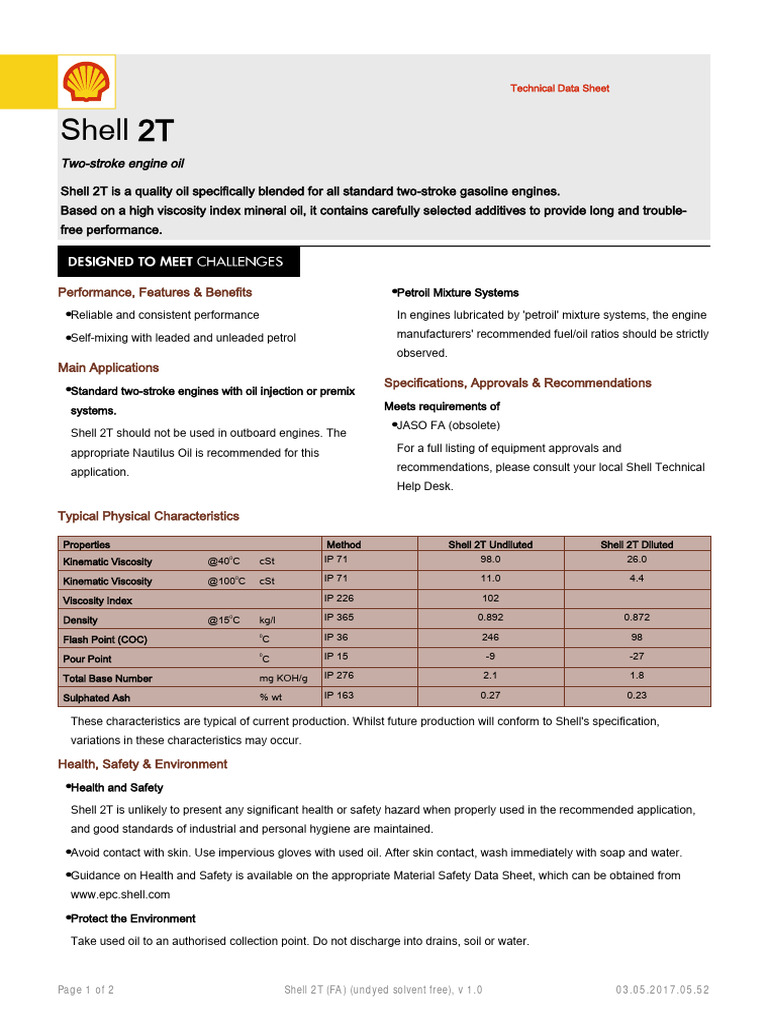 Shell 2 T Oil Specs | PDF | Gasoline | Viscosity