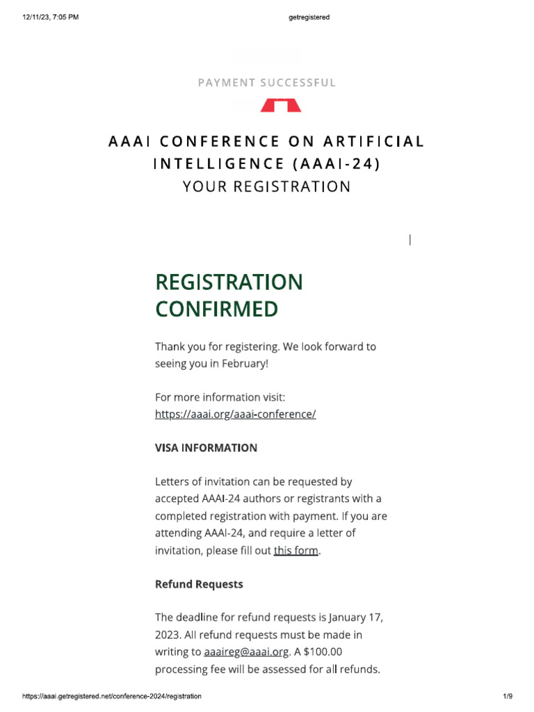 Paid RegistrationConfirmation AAAI2024 | PDF