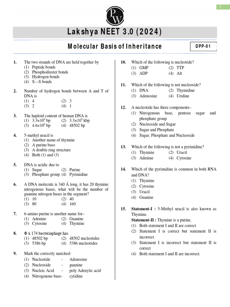 Molecular Basis of Inheritance : DPP 01 (of Lecture 02) || Lakshya NEET ... Molecular Basis of Inheritance : DPP 01 (of Lecture 02) || Lakshya NEET ...