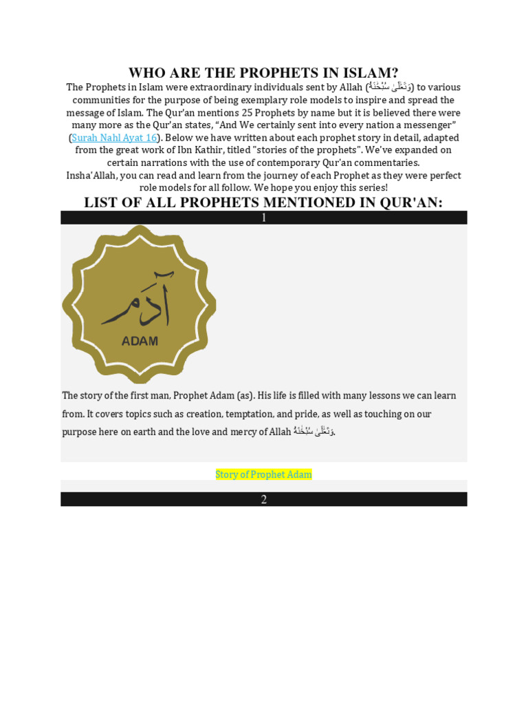List of Prophets in Islam | PDF | Prophets And Messengers In Islam | Angel