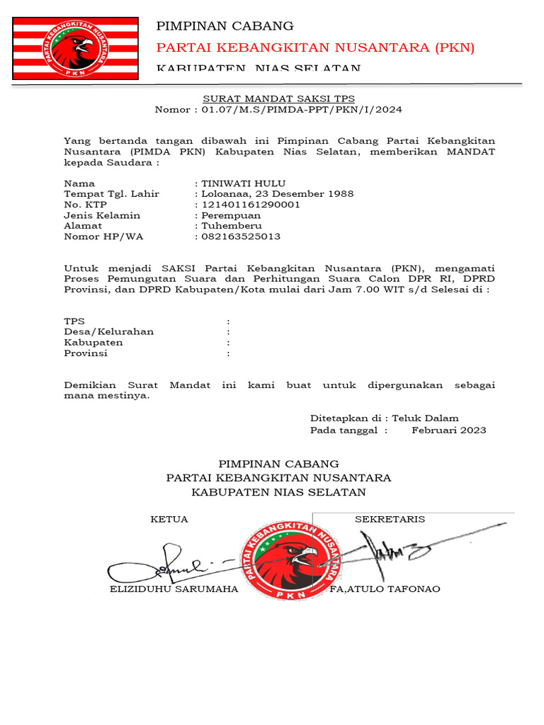 Surat Mandat Saksi TPS, PPD Dan Kpu Pemilu 2024 Nisel | PDF