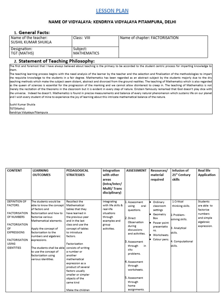 Class 8 Maths Lesson Plan: Factorisation | PDF | Factorization ...