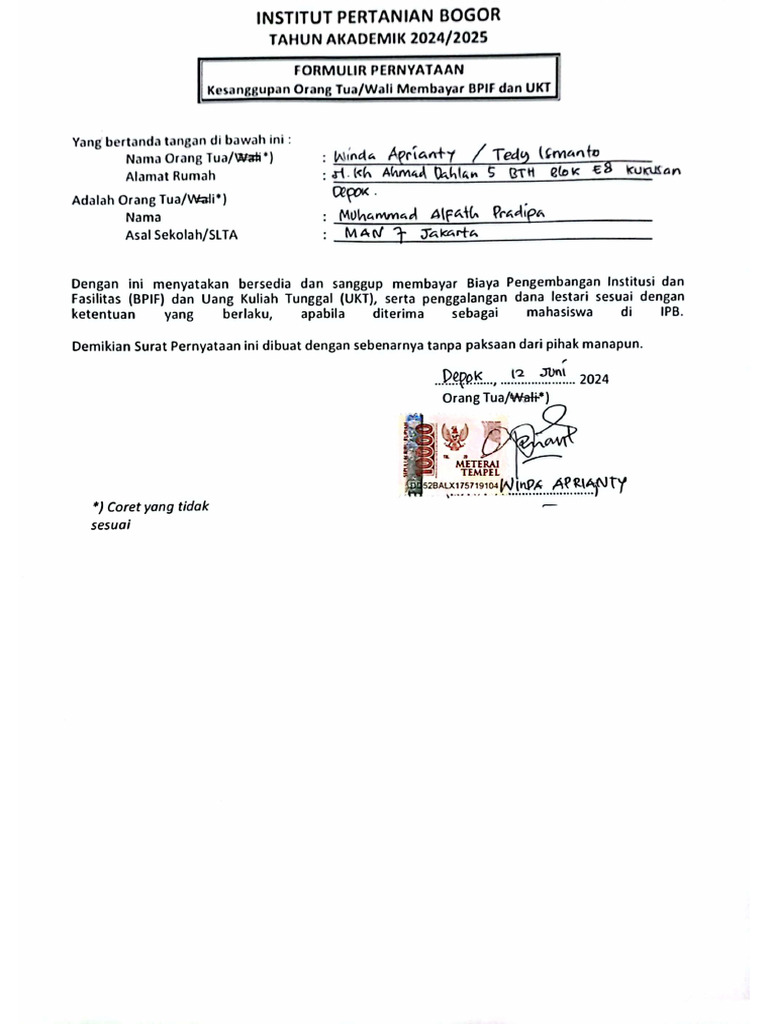 Surat Pernyataan Mandiri Ipb | PDF