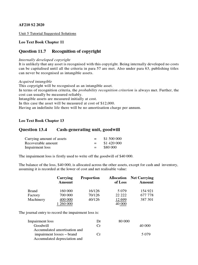 Topic 5 Tutorial Suggested Solutions | PDF | Goodwill (Accounting ...