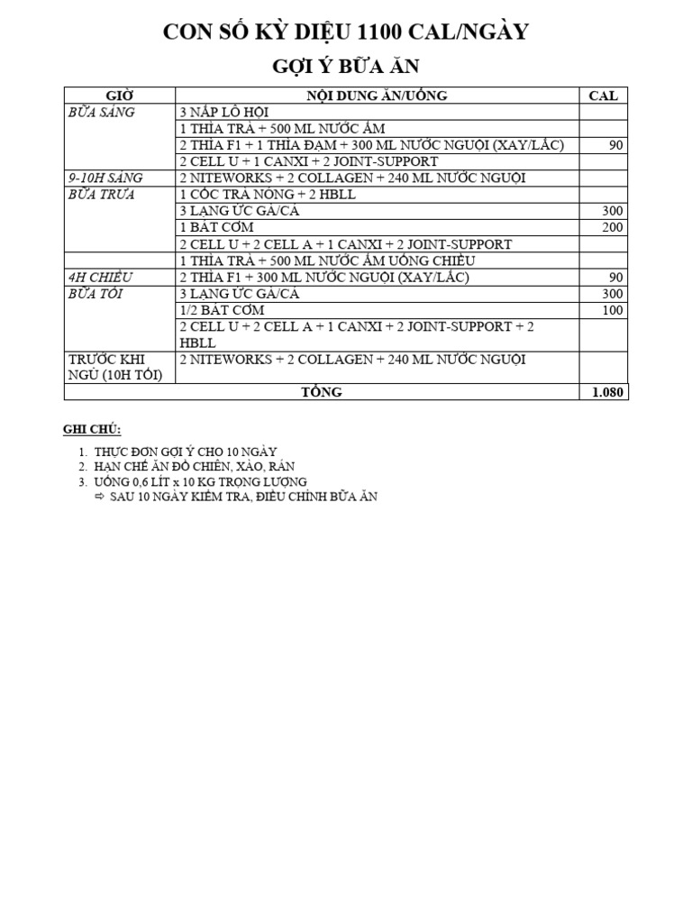 TH C Đơn 1100 Calo | PDF
