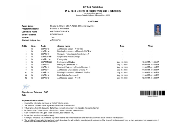 Hall Ticket | PDF | Computer Engineering | Computer Science