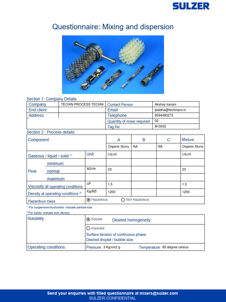 Questionnaire Static Mixer | PDF | Pipe (Fluid Conveyance) | Liquids