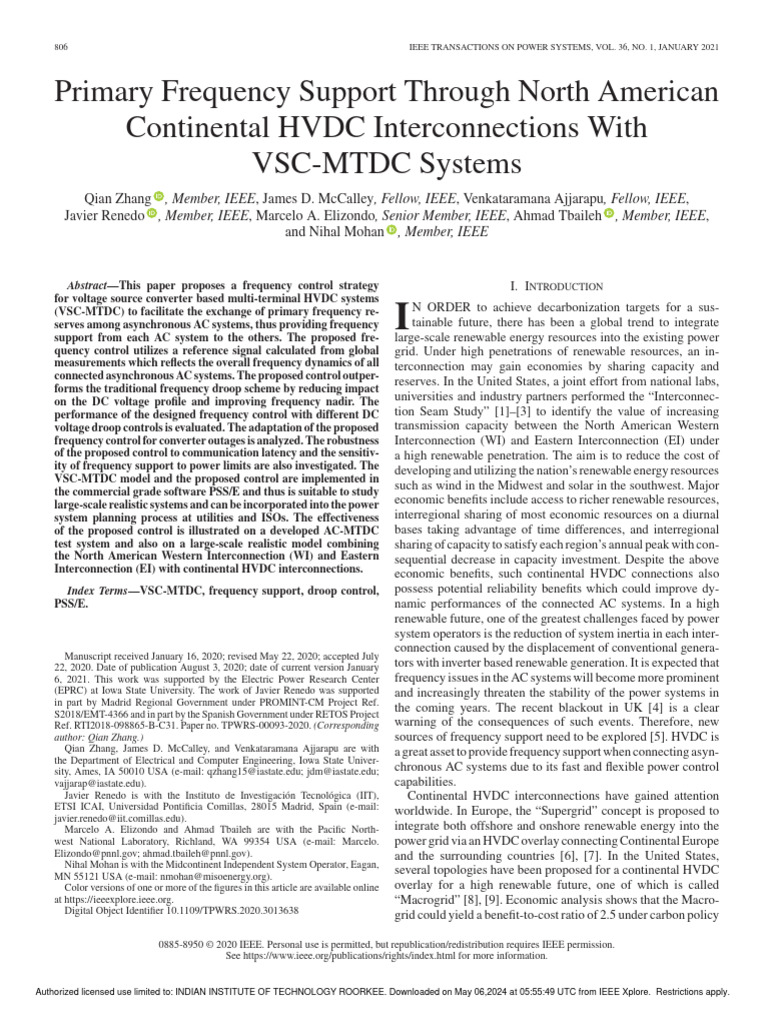 8primary Frequency Support Through North American Continental HVDC Interconnections With VSC ...