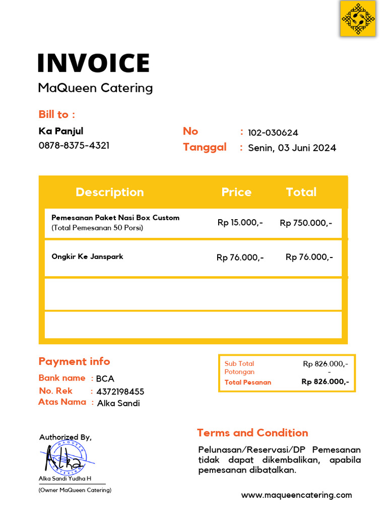 Invoice Ka Panjul (MaQueen Catering) | PDF