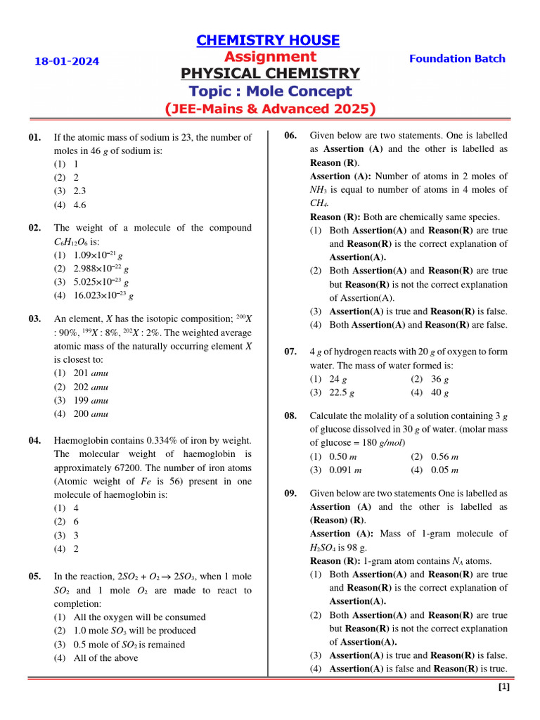 Mole Concept Assignment (18-01-2024) | PDF | Mole (Unit) | Chemistry