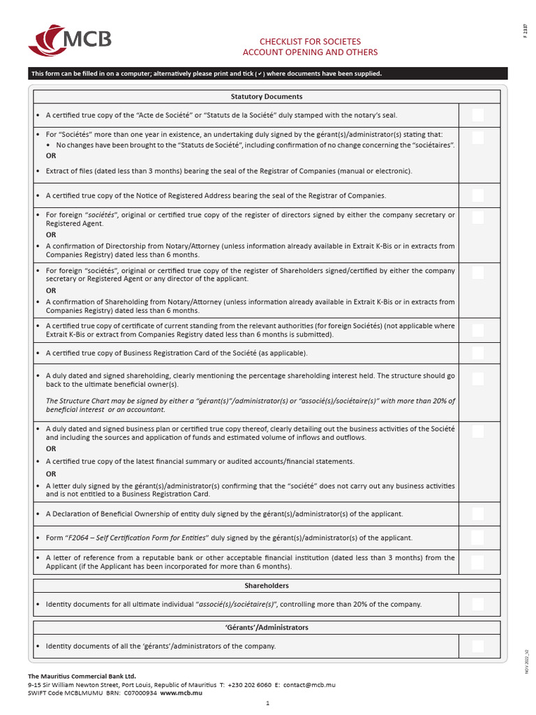 Mauritius Societes Account Opening Checklist | PDF | Identity Document ...