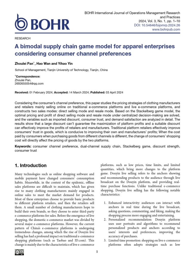 A Bimodal Supply Chain Game Model For Apparel Enterprises Considering Consumer Channel ...