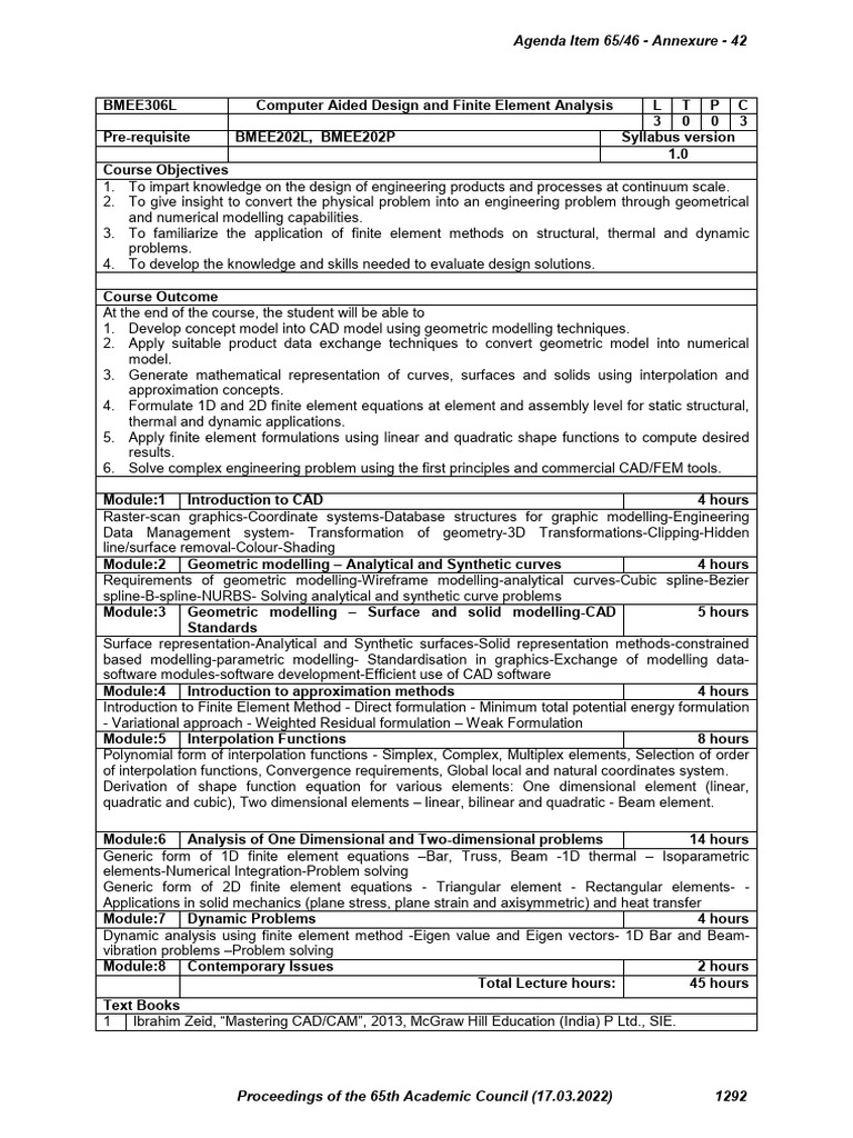 Bmee306l - Computer Aided Design and Finite Element Analysis - TH - 1.0 - 70 - Bmee306l | PDF ...
