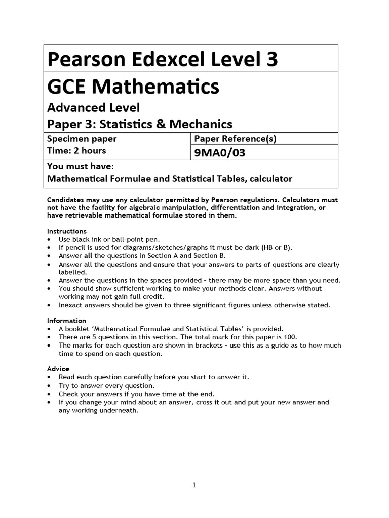 Specimen Edexcel A2 - Stats+Mech QP | PDF | Statistics | Mathematics