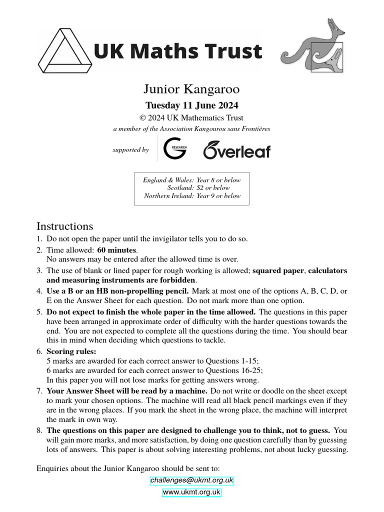 Junior Kangaroo 2024 Paper | PDF | Area | Length