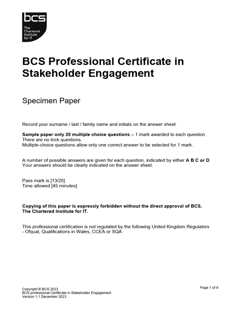 BCS Stakeholder Engagement Test Paper | PDF | Negotiation | Body Language
