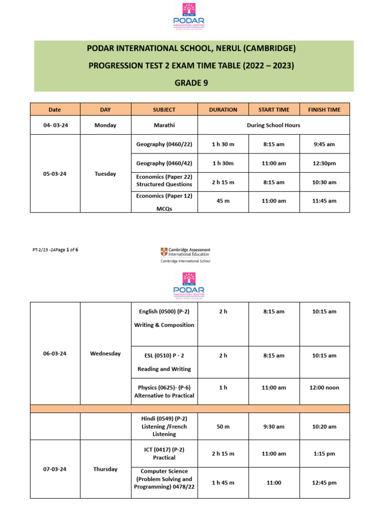 Grade 9 - Progression Test 2 Time Table | PDF | Science