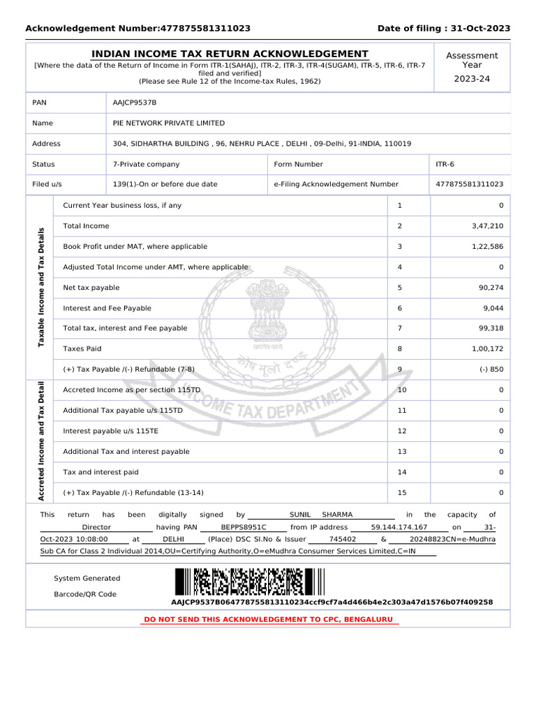 PIE NETWORK ITR | PDF | Taxes | Wealth