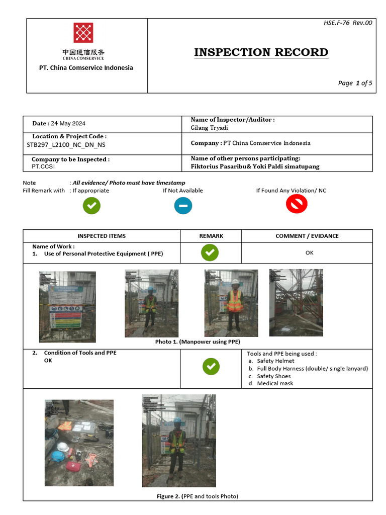 QHSE. F-76 Site Inspection Record - SUM-AC-SKM-0200 - 24 May | PDF ...