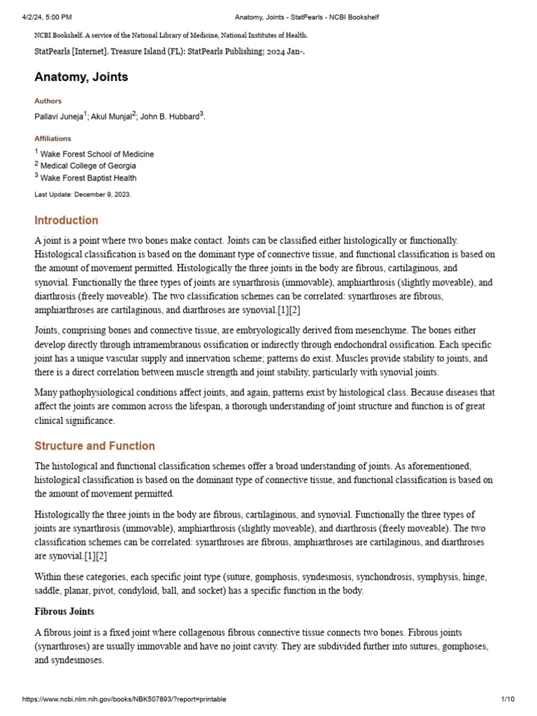 Anatomy, Joints - StatPearls - NCBI Bookshelf | PDF | Anatomical Terms ...