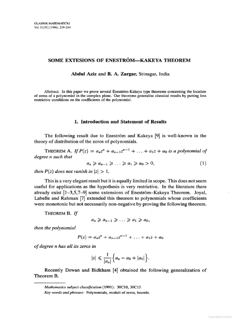 1996, Aziz, A. and Zargar, B. A., Some Extensions of Enestrom-Kekeya Theorem | PDF