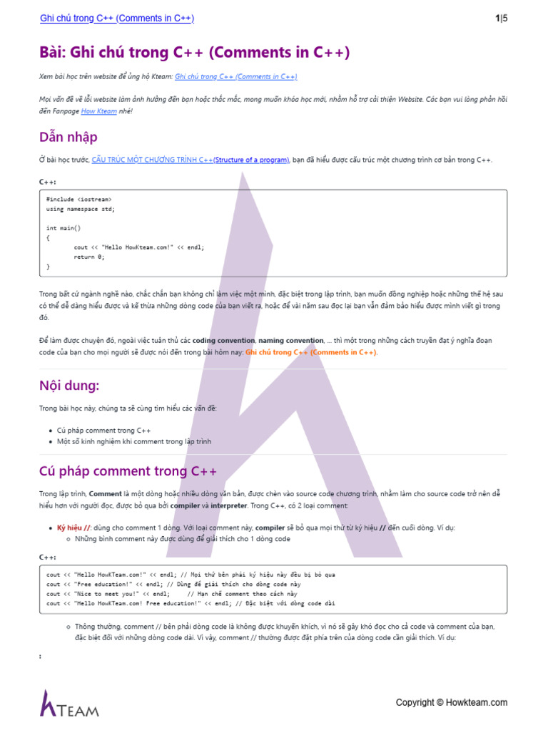 HOWKTEAM.vn - Ghi Chú Trong C++ (Comments in C++) | PDF