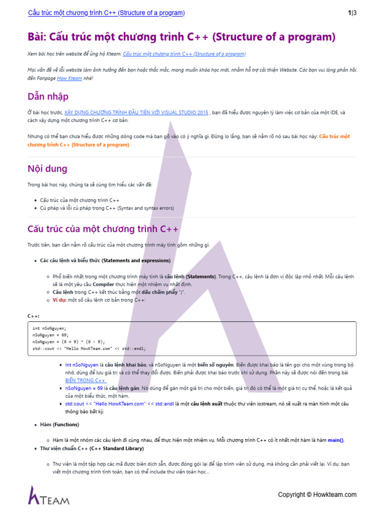 Howkteamvn Cấu Trúc Một Chương Trình C Structure Of A Program Pdf