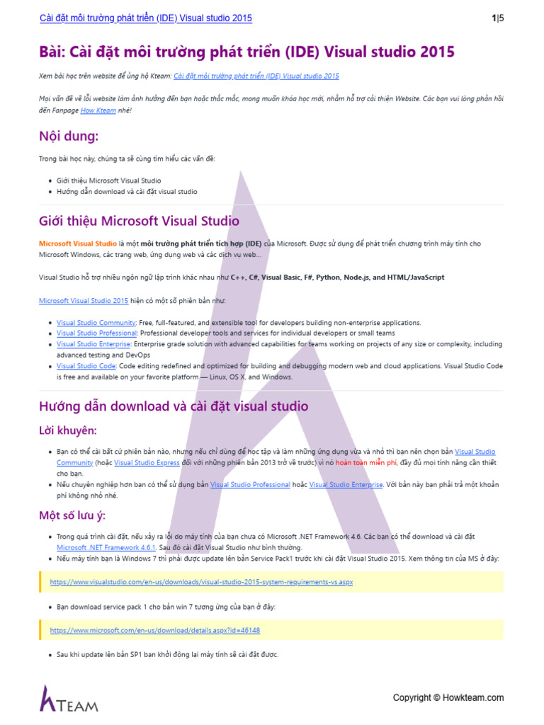 HOWKTEAM.vn - Cài Đặt Môi Trường Phát Triển (IDE) Visual Studio 2015 | PDF