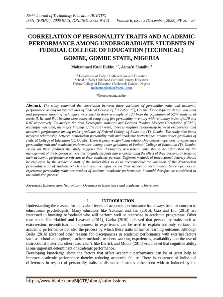 Correlation of Personality Traits and Academic | PDF | Extraversion And Introversion | Psychology