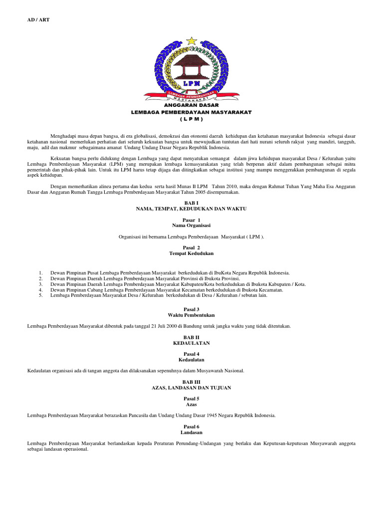 AD ART Lembaga Pemberdayaan Masyarakat (LPM) | PDF