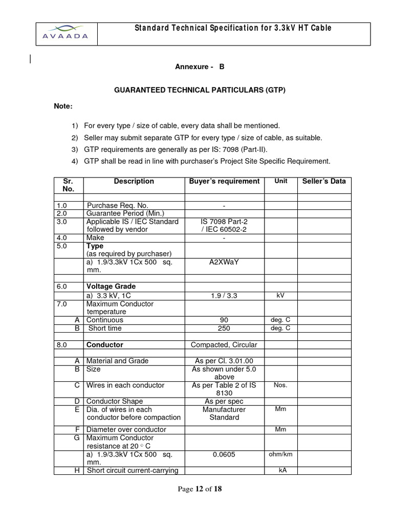 3.3kV HT Cable Technical Specifications | PDF | Volt | Electrical ...