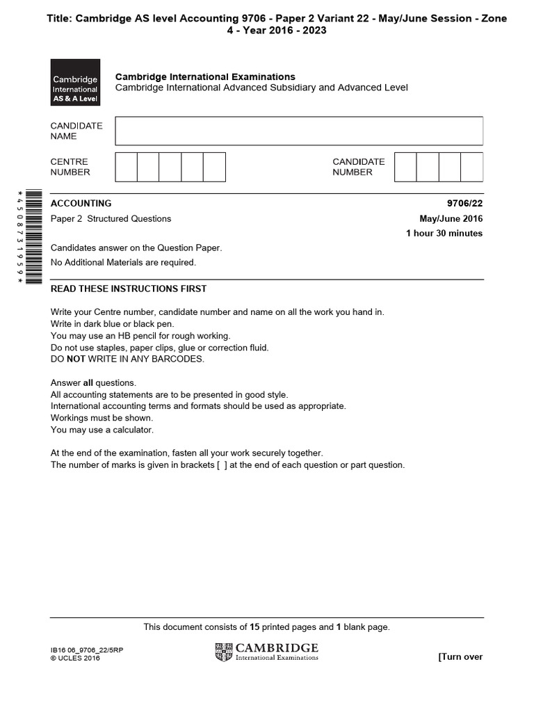Cambridge AS Level Accounting 9706 - Paper 2 Variant 22 - May:June ...
