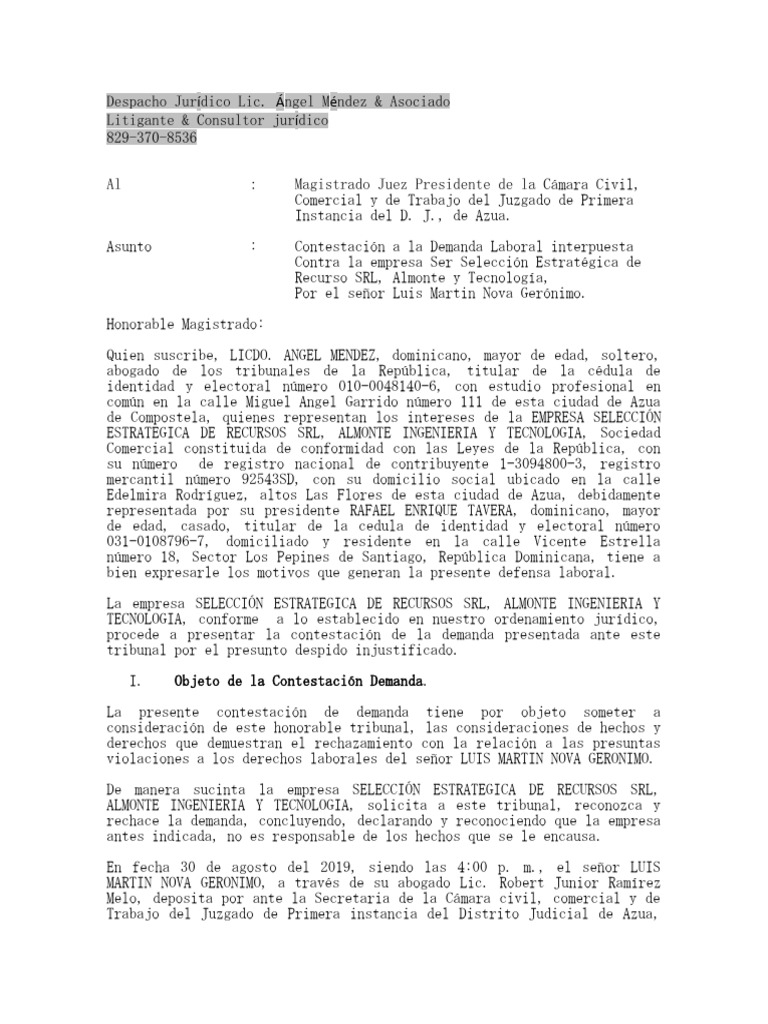 Escrito de Defensa Laboral | PDF | Demanda judicial | Gobierno