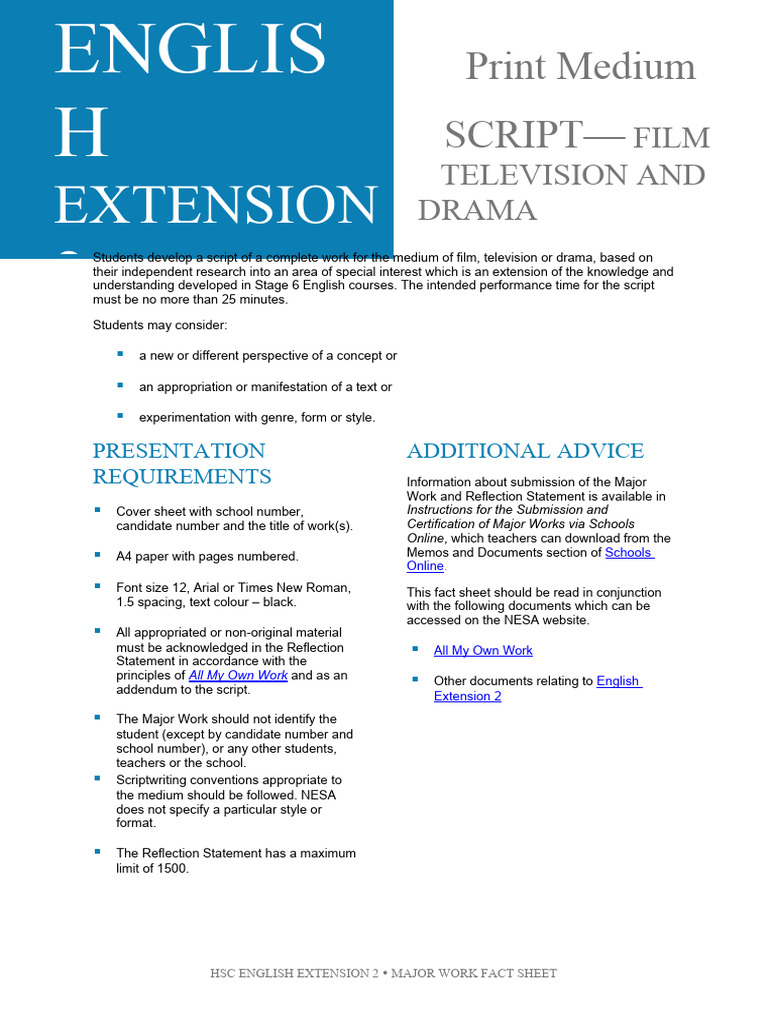 English Extension 2 Fact Sheet Script Short Film Television and Drama | PDF