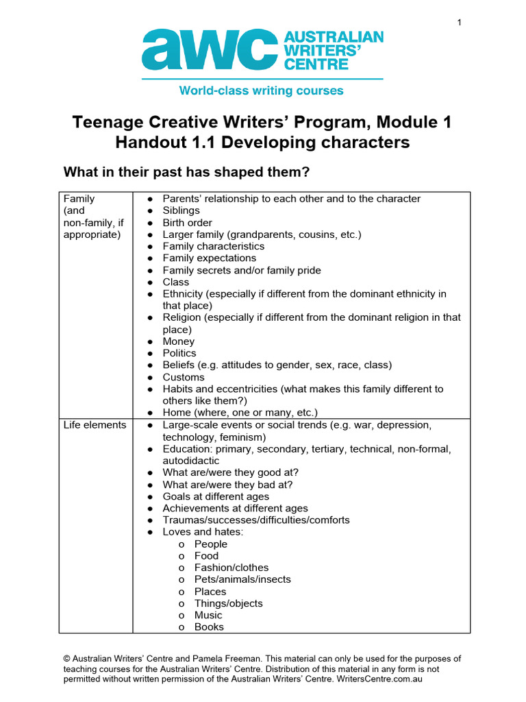 Teenage Creative Writers Program Module 1 Handouts | PDF | Family