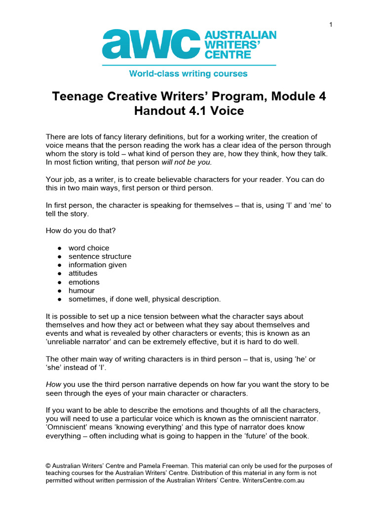 Teenage Creative Writers Program Module 4 Handouts | PDF | Narration