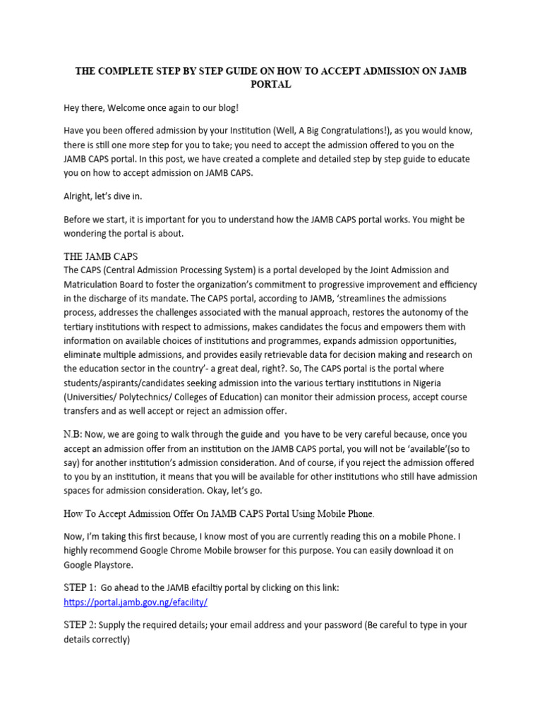 Complete Step by Step Guide On How To Accept Admission On Jamb Portal | PDF | Password | Computing