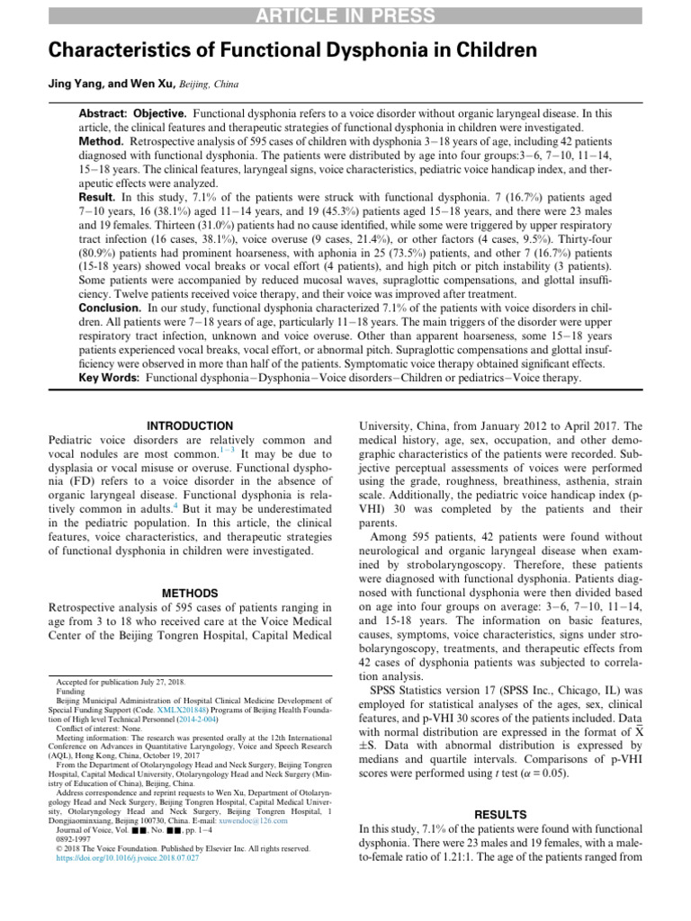 Characteristics of Functional Dysphonia in Children | PDF | Clinical ...