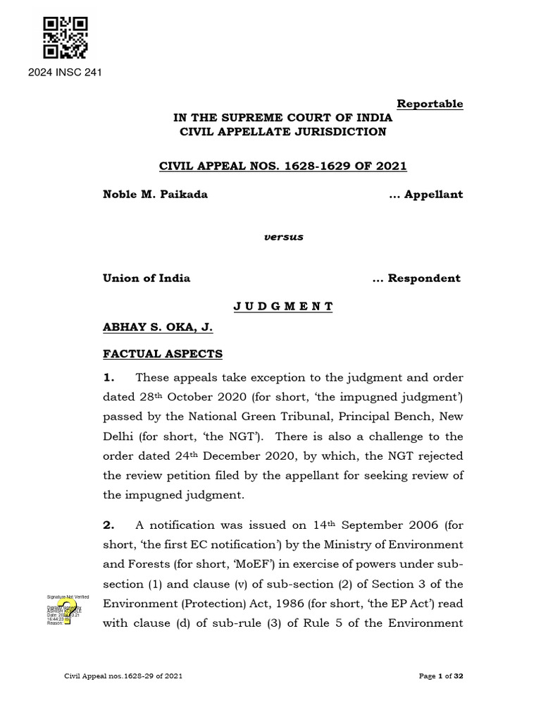Noble M. Paikada v. Union of India Appeal | PDF | Judgment (Law) | Appeal