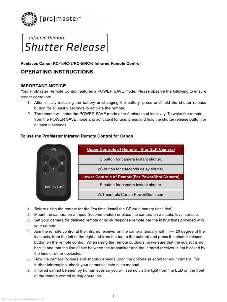 ProMaster Remote Control Instructions | PDF | Camera | Shutter ...