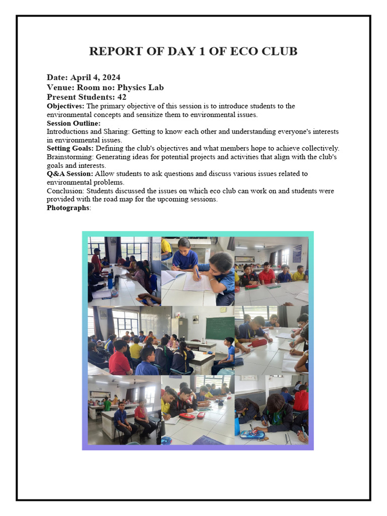 Eco Club Day 1 Report: Goals & Activities | PDF | Science & Mathematics