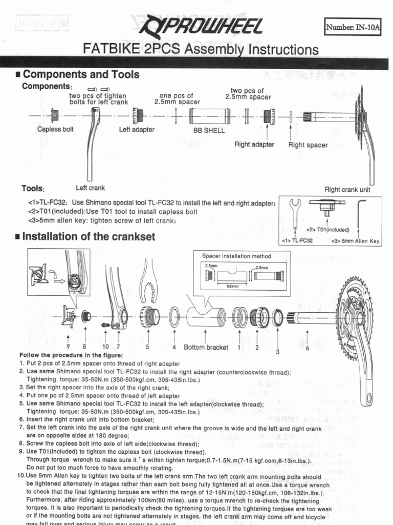 Prowheel 2pcs Crank Set and Bottom Bracket | PDF