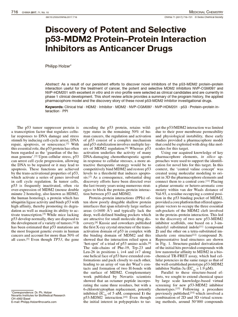 Discovery of Potent and Selective p53-MDM 2 Inhibitors - Article | PDF | P53 | Protein–Protein ...