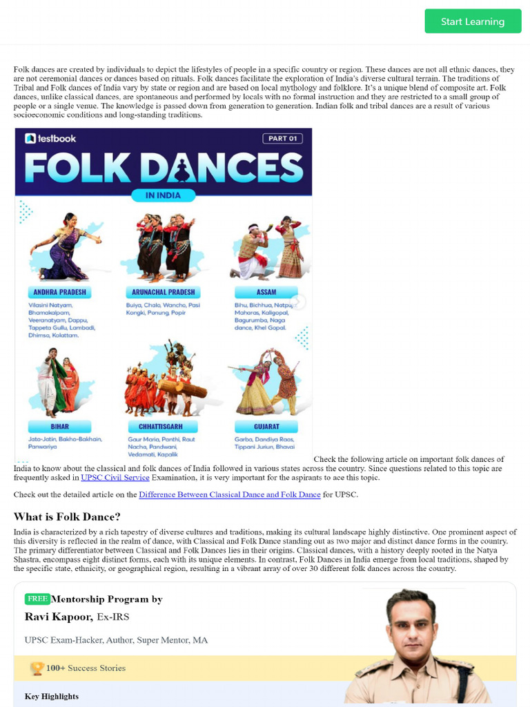 List of Major Folk Dances of India (State-Wise) - Learn Here | Download Free PDF | Dances